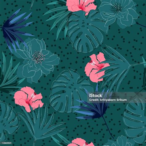 트렌디한 원활한 패턴 여름 열 대 야 자 나뭇잎과 히 비 스커 스와 이국적인 숲 꽃 화이트 폴카 도트 패션 직물 웹 벽지 및 모든 지문에 대 한 디자인에 손에 그려진된 선