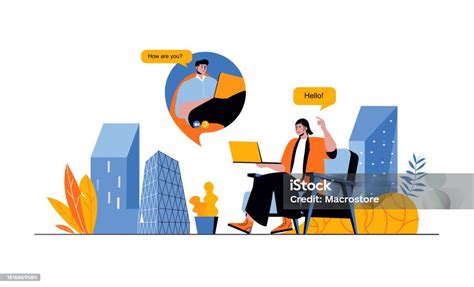 평면 만화 디자인에서 사람들과 화상 회의 웹 개념 영상 통화로 대화하는 여성과 남성 온라인에서 멀리 떨어진 연결 소셜 미디어 배너 마케팅 자료에 대한 벡터 그림입니다 개념에
