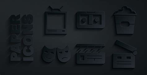 세트 무비 클래퍼 상자에 팝콘 코미디와 비극 마스크 Vhs 비디오 카세트 테이프와 복고풍 Tv 아이콘 벡터 3차원 형태에 대한 스톡 벡터 아트 및 기타 이미지 Istock