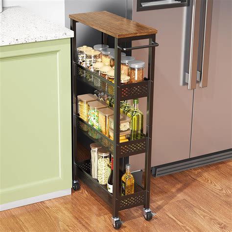 Inkedz Slim Storage Cart 4 Tier Narrow Kitchen Rolling Cart On Wheels For Small Space Mobile