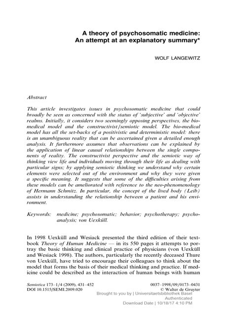 A Theory Of Psychosomatic Medicine An At Pdf Psychotherapy Semiotics