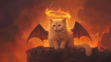 A Whimsical Cat With Angelic And Demonic Features Poised Against A