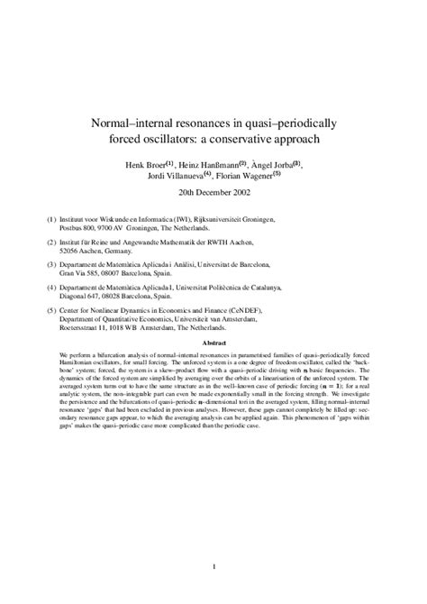 Pdf Normal Internal Resonances In Quasi Periodically Forced Oscillators A Conservative Approach