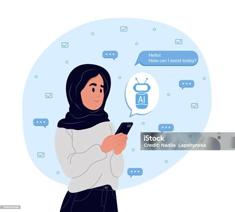 현대 무슬림 여성은 스마트 Ai 로봇의 기술을 사용합니다 Chatgpt Ai 채팅 개념 인공 지능 메신저에서 Ai 어시스턴트와