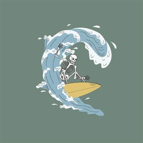 Premium Vector A Skeleton Rides A Surfboard On A Big Wave A Handdrawn Vector For Prints On