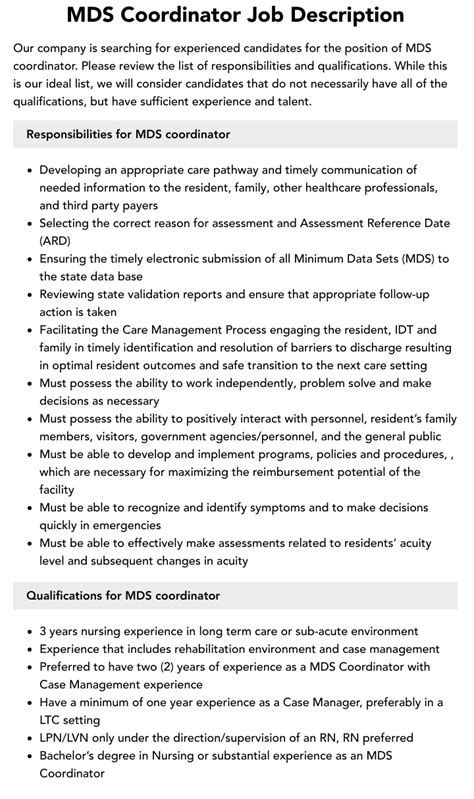 Mds Coordinator Job Description Velvet Jobs