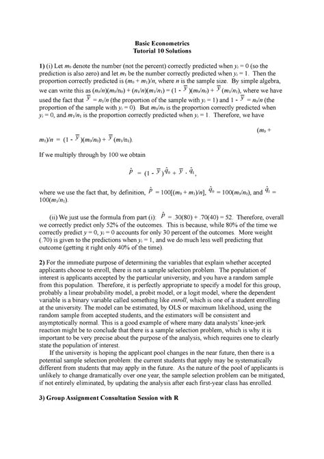 Tutorial 10 Week 10 Solutions Verified By Rmit Basic Econometrics