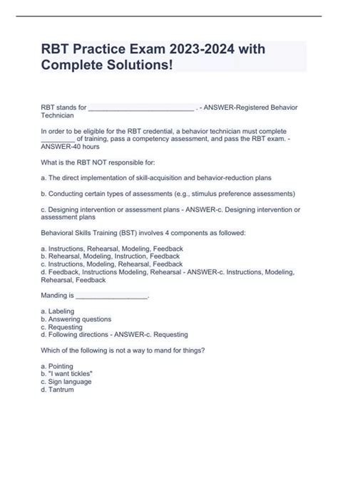 RBT Practice Exam With Complete Solutions RBT Stuvia US