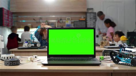 Laptop Computer Green Screen In Classroom Background Stock Footage