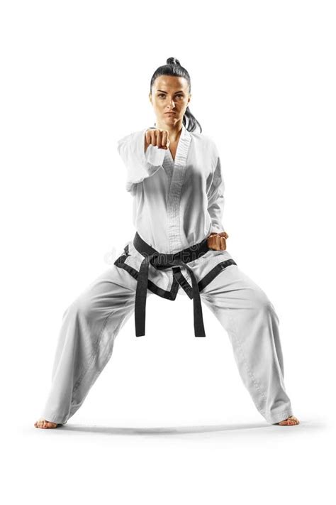 Professional Female Karate Fighter Isolated On The White Background