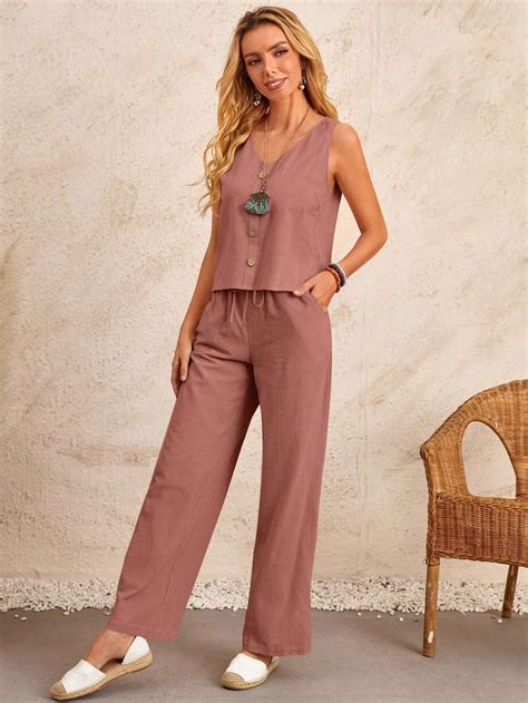 unicolor con botón delantero Blusa de cintura con cordón Pantalones Ropa casual elegante