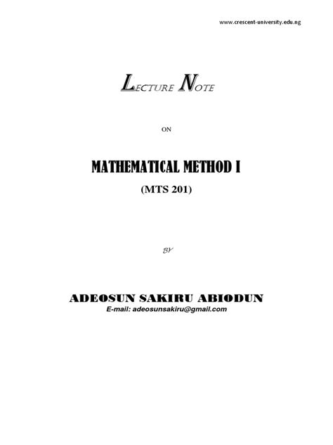 Lecture Note On Mathematical Methods I M Pdf
