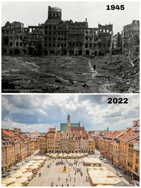 Rynek Staromiejski w Warszawie po 2 wojnie światowej i teraz