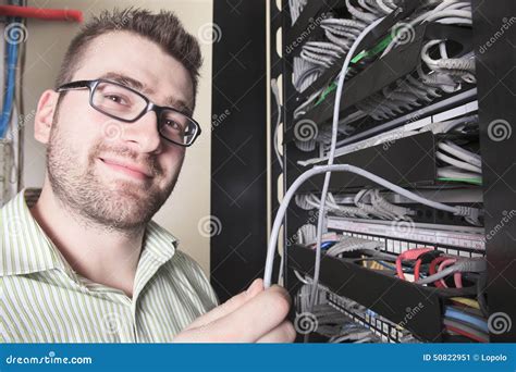 Network Engineer Working In Server Room Stock Image Image Of