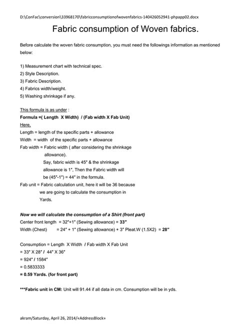 Fabric Consumption Of Woven Fabrics Docx