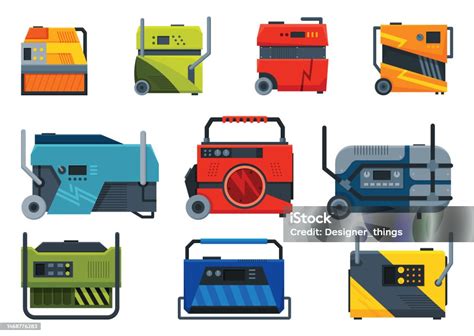휴대용 발전기 아이콘 세트입니다 가솔린 발전기 비상 장비 에너지 생성 백업 장비 및 전기 전압 소스 교류 발전기 만화 벡터 일러스트 레이 션 가솔린에 대한 스톡 벡터 아트