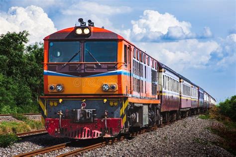 Passenger Train By Diesel Locomotive On The Railway Stock Image