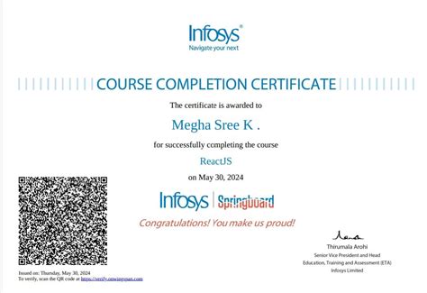 Completed Reactjs Course On Infosys Megha Sree Posted On The Topic