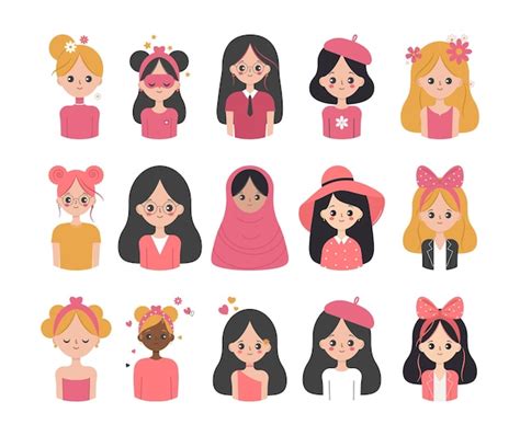 다양한 헤어 스타일과 옷을 입은 만화 스타일의 소녀 세트 프리미엄 벡터