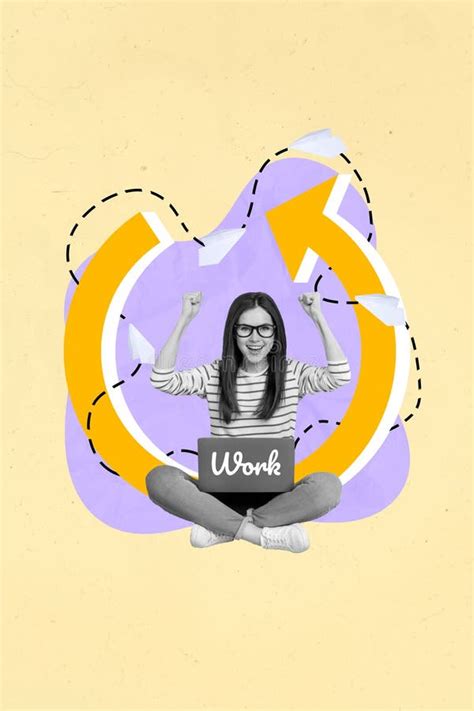 Vertical Creative Composite Photo Collage Of Satisfied Nice Woman Sit