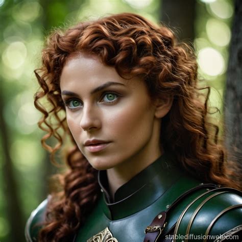 Wood Elf Woman With Very Curly Puffy Auburn Dark Hair Green Eyes Darker