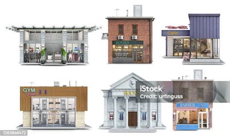 다양한 스타일과 색 구성표의 6개의 공공 건물 세트 3d 일러스트레이션 3차원 형태에 대한 스톡 사진 및 기타 이미지 3차원 형태 상점 건물 정면 Istock
