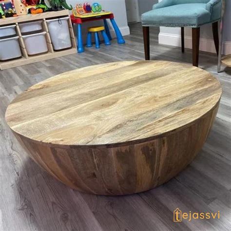 Wooden Drum Shape Coffee Table Wooden Cocktail Table Unique Table Hand Made Round
