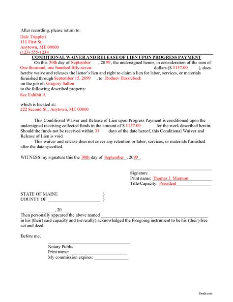 Lincoln County Conditional Lien Waiver On Progress Payment Form Maine