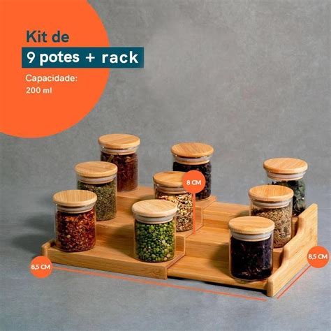 Kit potes ml tampa bambu e rack organizador bambu Oikos Promoções do Dia