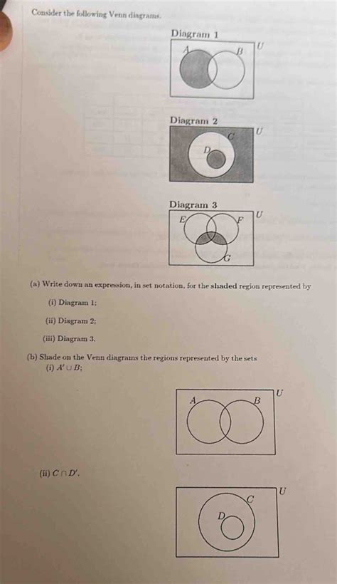 Consider The Following Venn Diagrams Diagram 1 U Diagram 2 A Write