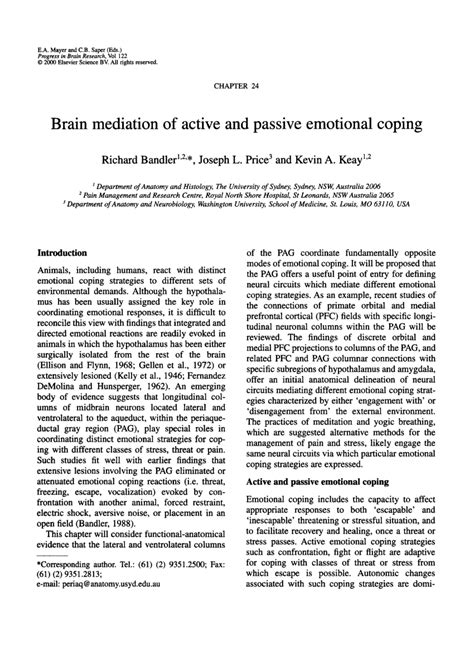 Pdf Chapter 24 Brain Mediation Of Active And Passive Emotional Coping