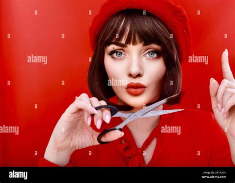 Haircut Portrait Of Young Woman Hairdresser Cutting Hair With Scissors