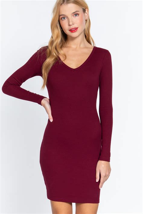 Ever Glamor Long Slv V Neck Mini Rib Dress