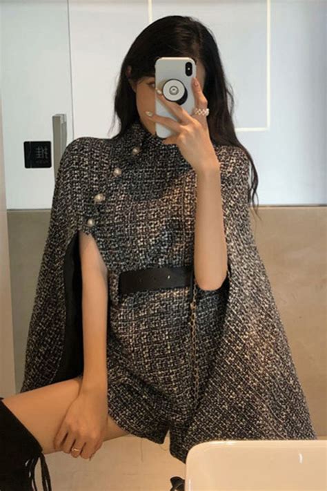 무료당일배송♡진주 트위드 체크 망토케이프 코트반바지 투피스set