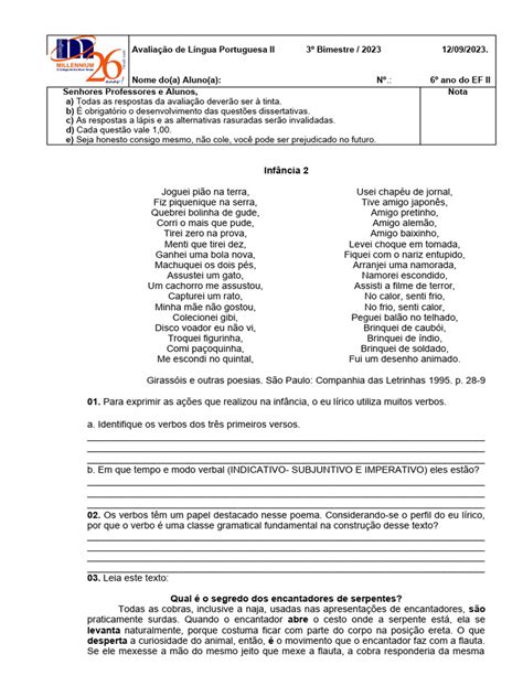Avaliação Lpii 6º Ano 3º Bim Pdf Relações Sintáticas Morfologia