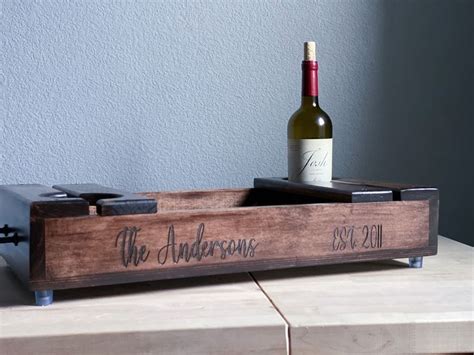 Wooden Wine Bottle And Wine Glass Serving Tray Table Décor Etsy Wine