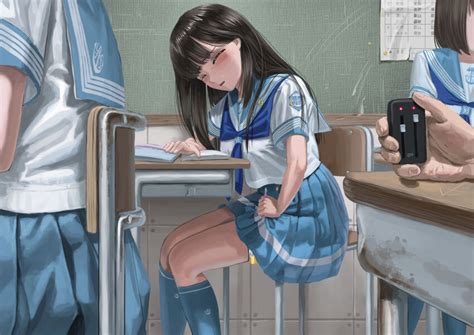 Itou Tatsuya Original 1girl Black Hair Classroom Controller Desk