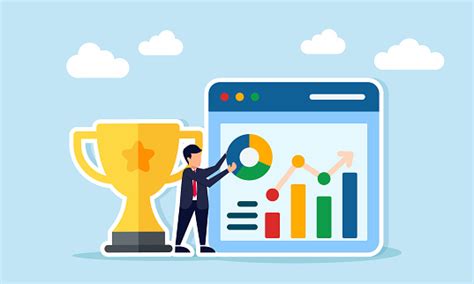 트로피 근처에 서 있는 사업가 앱 인터페이스에 차트를 정렬하는 그림 선도적인 비즈니스 회사로서 성과 통계를 모니터링하고 분석하는 그림 결정에 대한 스톡 벡터 아트 및 기타