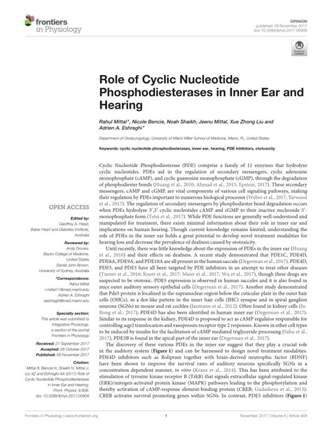 Pdf Role Of Cyclic Nucleotide Phosphodiesterases In Inner Ear And Hearing