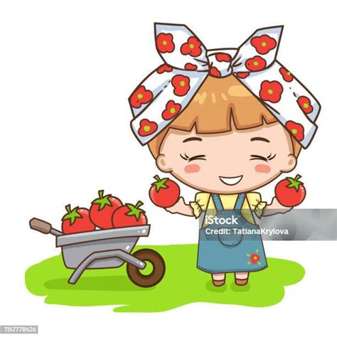 빨간 토마토를 들고 머리 스카프에 귀여운 소녀의 벡터 그림입니다 가을에 대한 스톡 벡터 아트 및 기타 이미지 가을 건강한