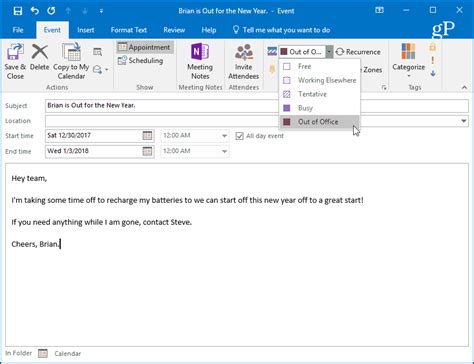 How To Create An Outlook Calendar Out Of Office Entry