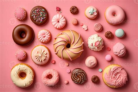Assorted Donuts With Chocolate Frosted Pink Glazed And Sprinkles