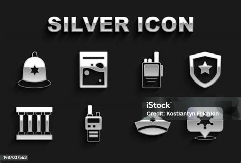 워키토키 경찰 배지 헥사그램 보안관 코케이드가 달린 모자 감옥 창문 영국 경찰 헬멧 마약 아이콘의 비닐 봉지를 설정합니다 벡터 가방에 대한 스톡 벡터 아트 및 기타 이미지