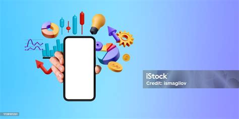 빈 화면과 비즈니스 목표 아이콘이 있는 스마트폰을 보여주는 남자 손 Brand Name Smart Phone에 대한 스톡 사진