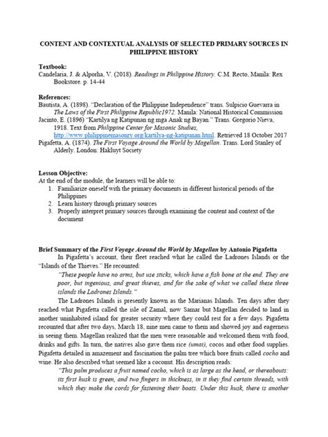 Content And Contextual Analysis Of Selected Primary Sources In Philippine History Download