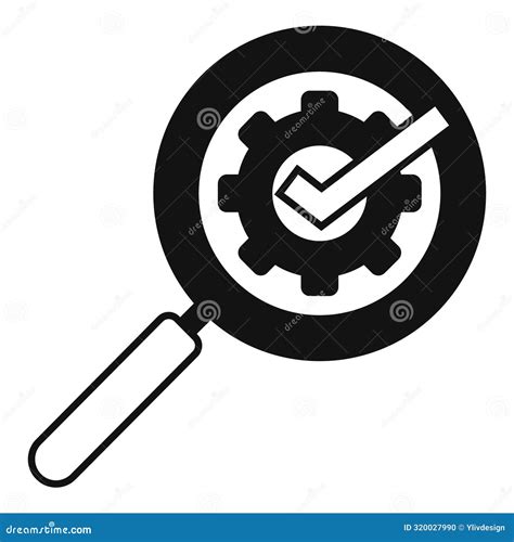 Black And White Icon Depicting A Magnifying Glass Over A Gear With A