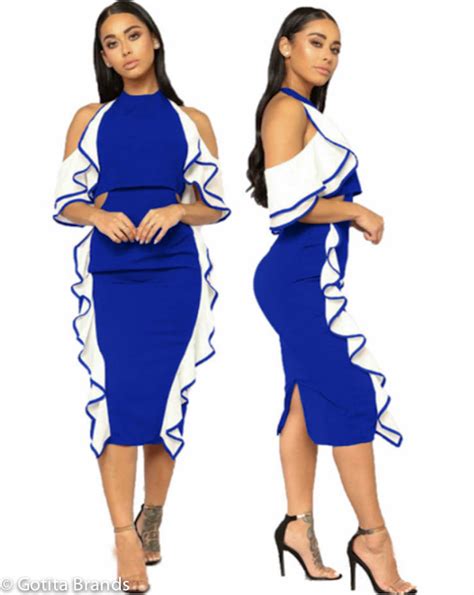 Ladies Fashion Blue Halter Patchwork Ruffles Midi Dress Gotita Brands