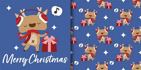 크리스마스 휴일 배너와 파란색 배경에 메리 크리스마스 텍스트와 함께 빨간 스카프와 귀마개를 착용 귀여운 순록의 완벽 한 패턴 12월에 대한 스톡 벡터 아트 및 기타 이미지
