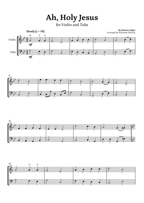 Ah Holy Jesus Violin And Tuba Easter Hymn By Johann Cruger Tuba