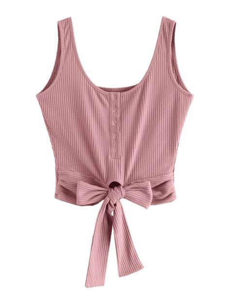 ZAFUL Ribbed Knit Knot Crop Tank Top LIPSTICK PINK Cropped Tank Top